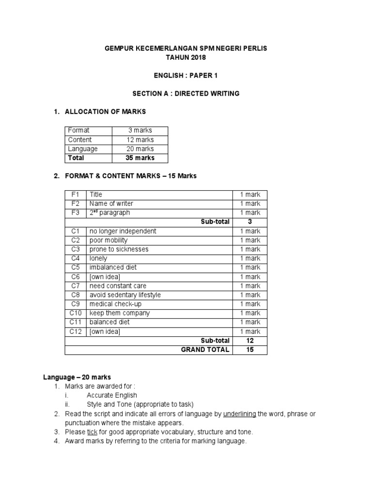 2018 - Perlis English - Mark Scheme P1 | PDF | Vocabulary | Punctuation