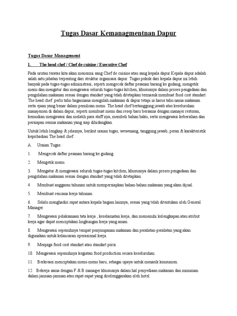 Tugas Dasar Kemanagmentnan Kitchen (Job Desk) | PDF