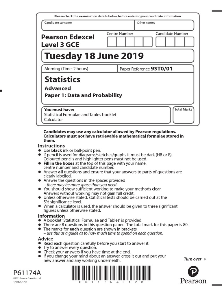 01a A Level Statistics Paper 1 (Data and Probability) - June 2019 ...
