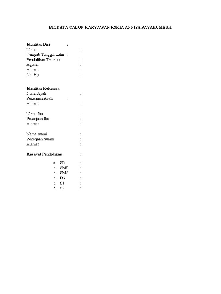 Biodata Calon Karyawan Rskia Annisa Payakumbuh | PDF
