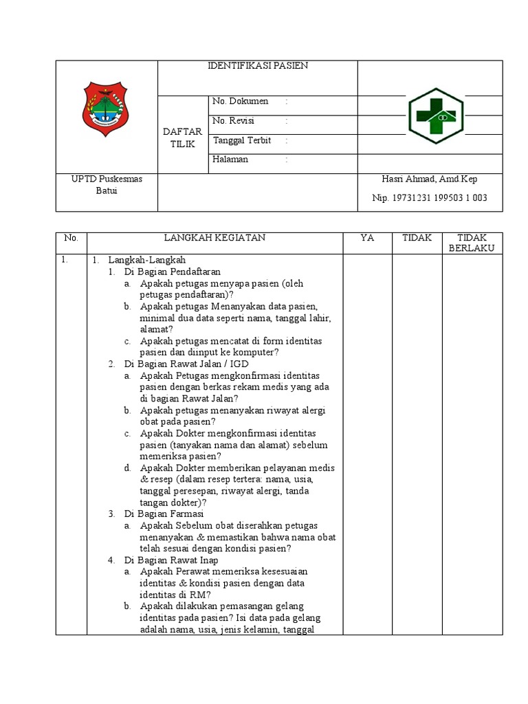 Daftar Tilik Identifikasi Pasien | PDF
