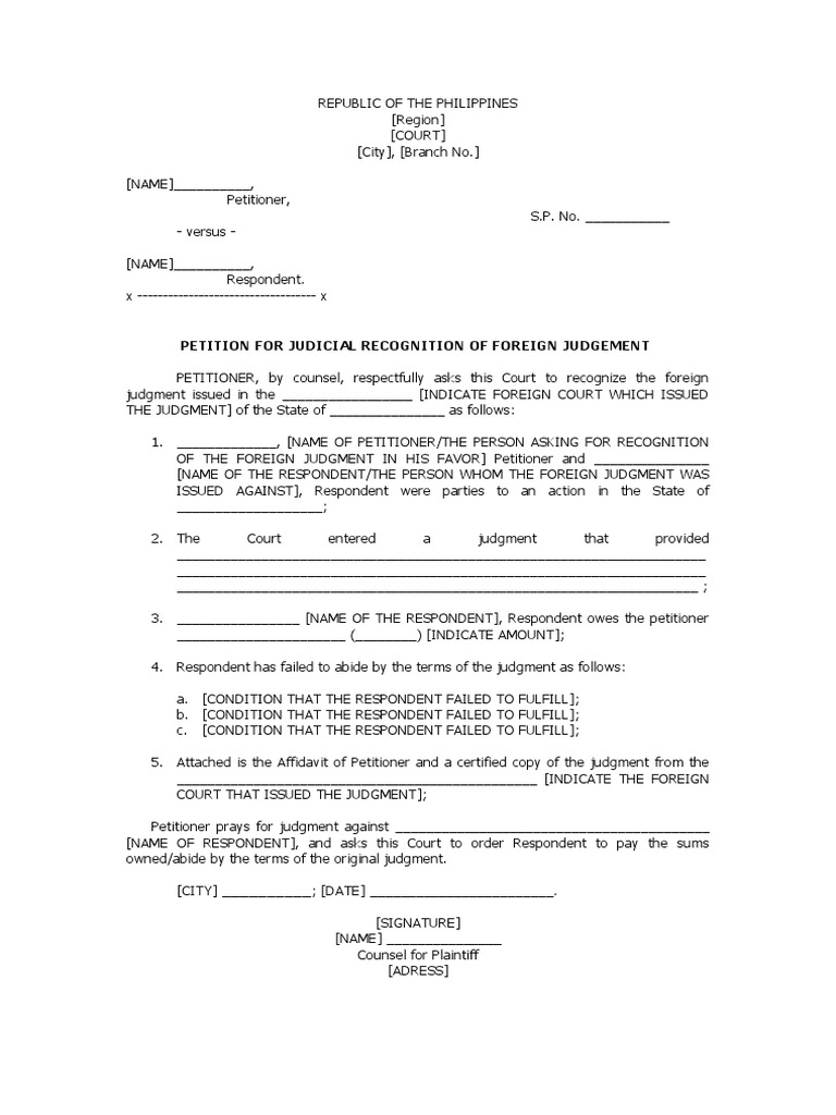 Petition For Judicial Recognition of Foreign Judgment | PDF | Judgment ...