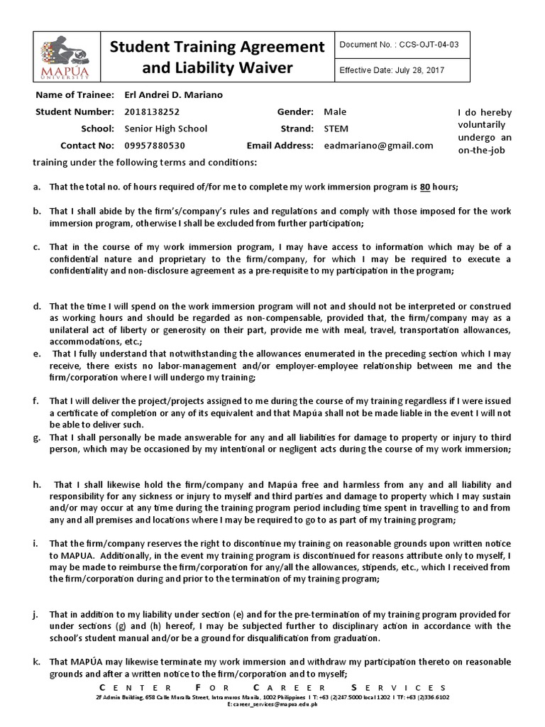 7 RES03 Student Training Agreement and Liability Waiver Form January ...