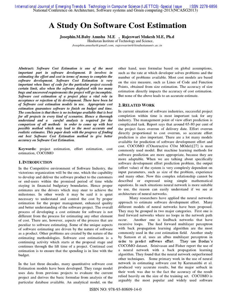 Software Cost Estimation Pdf Pdf Artificial Neural Network Areas Of Computer Science