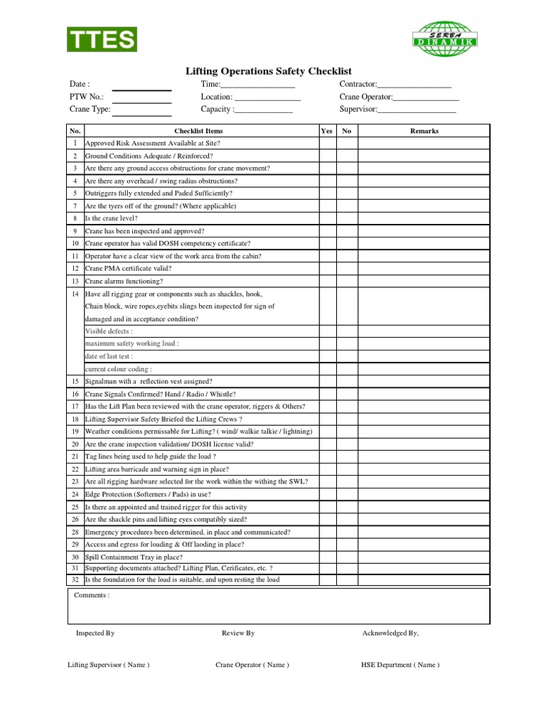 TTES-Lifting Operation Checklist PDF | PDF | Crane (Machine)