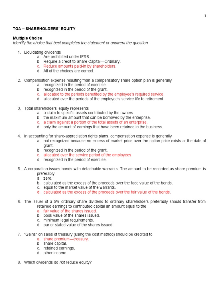 Accounting for Shareholders' Equity: Multiple Choice Questions on Key ...