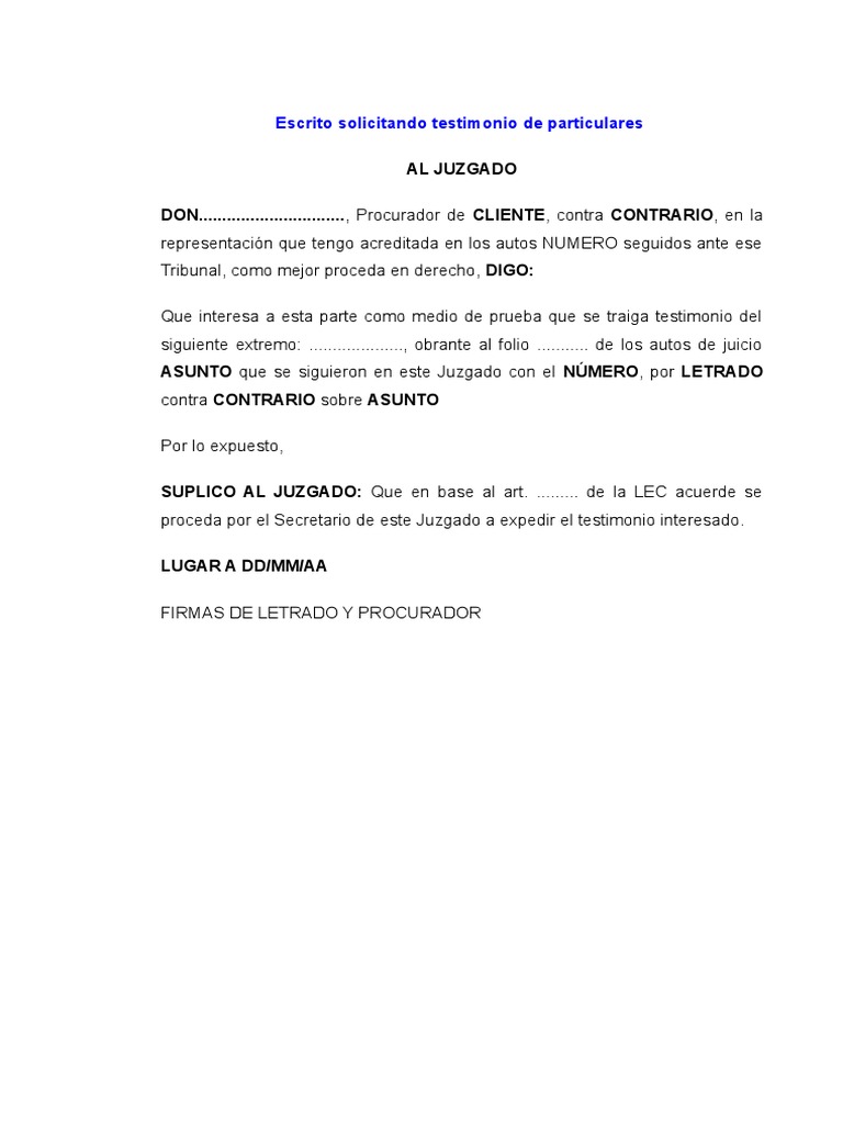Solicitud de testimonio de particulares de un documento judicial ... Solicitud de testimonio de particulares de un documento judicial ...