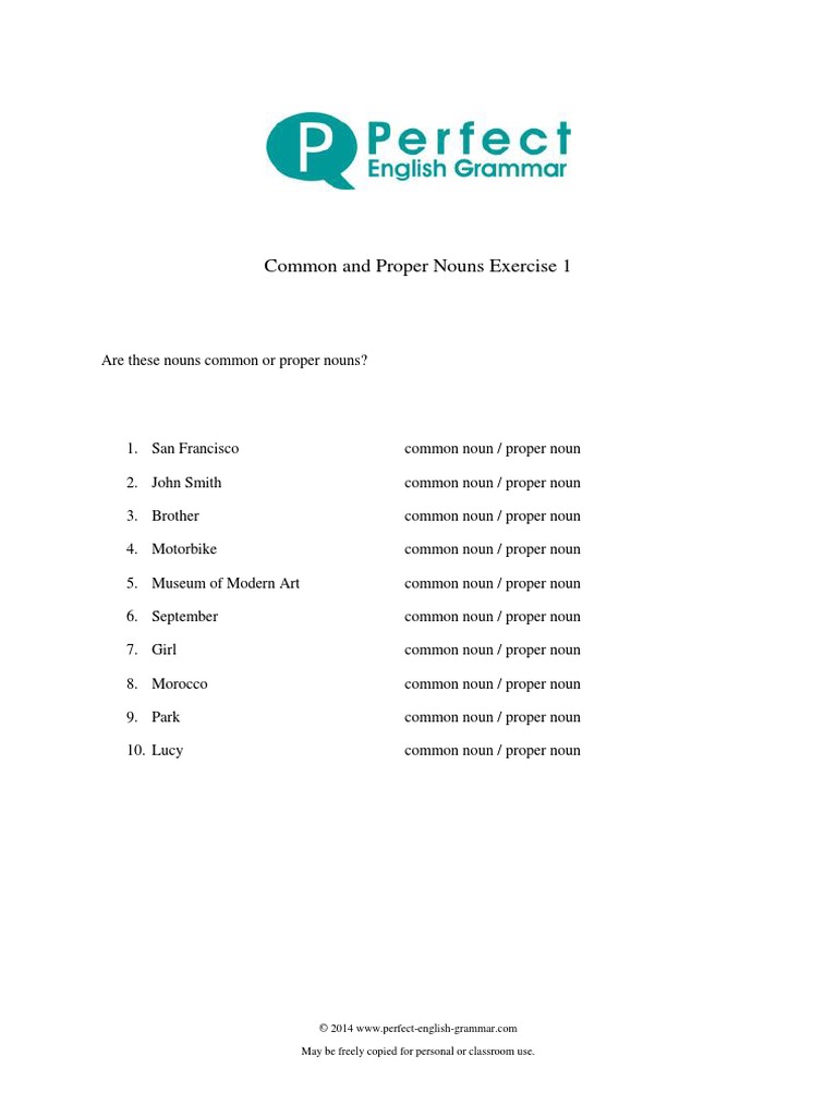 Common and Proper Nouns Exercise 1 PDF | PDF | Language Arts & Discipline