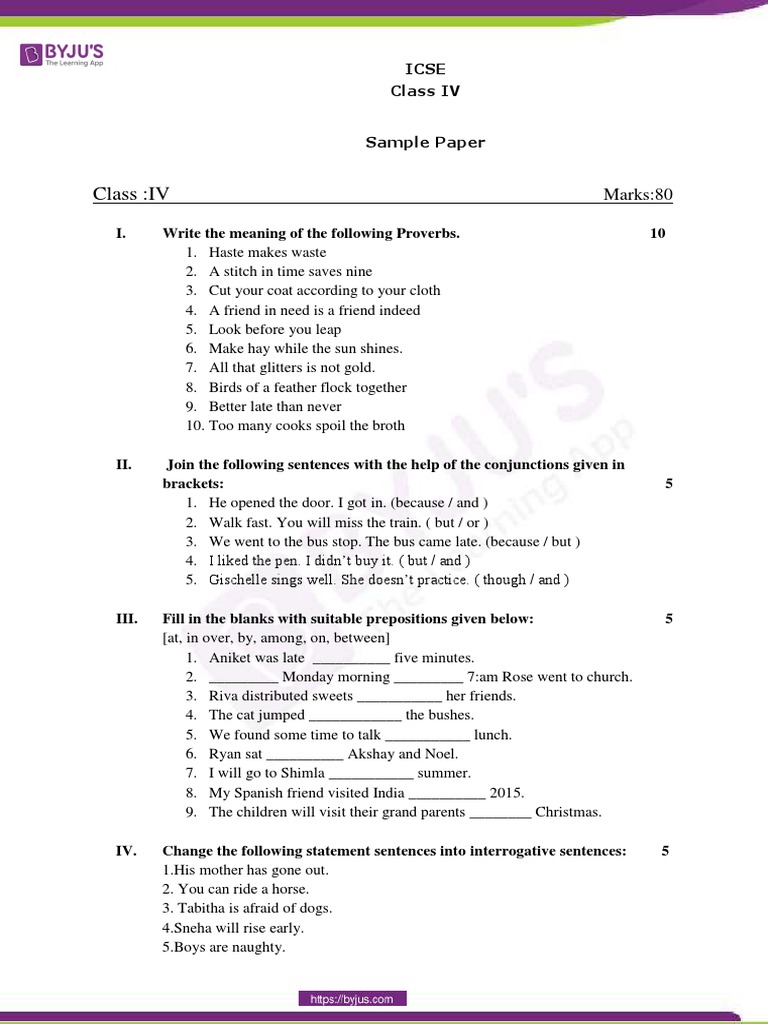 Class 4 ICSE Sample Paper | PDF | Grammar | Linguistics