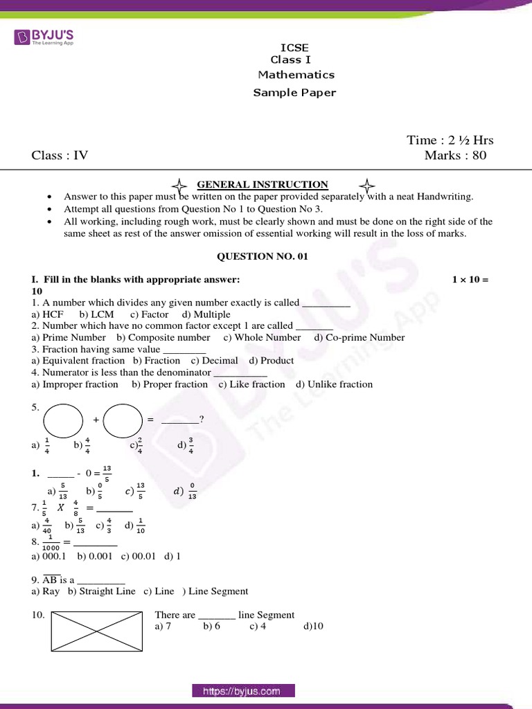 ICSE Class 4 Maths Sample Paper | PDF | Fraction (Mathematics) | Numbers