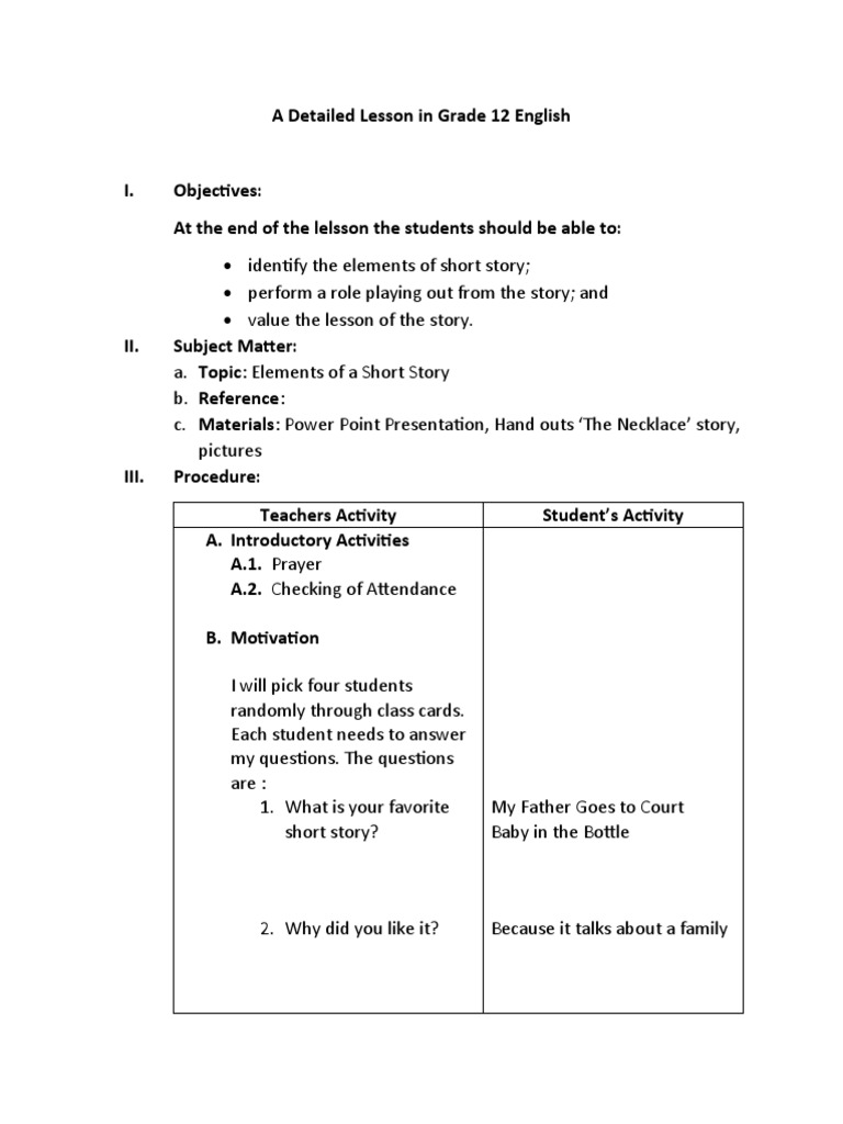 A Detailed Lesson in Grade 12 EnglishFinalDEMO | PDF | Plot (Narrative ...
