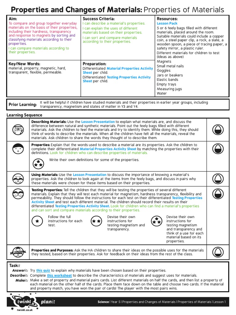 Properties and Uses of Materials Lesson | PDF | Cognition | Nature