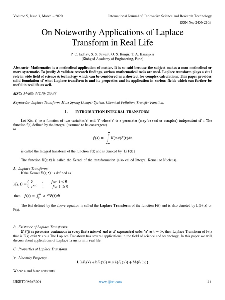 On Noteworthy Applications of Laplace Transform in Real Life | PDF ...