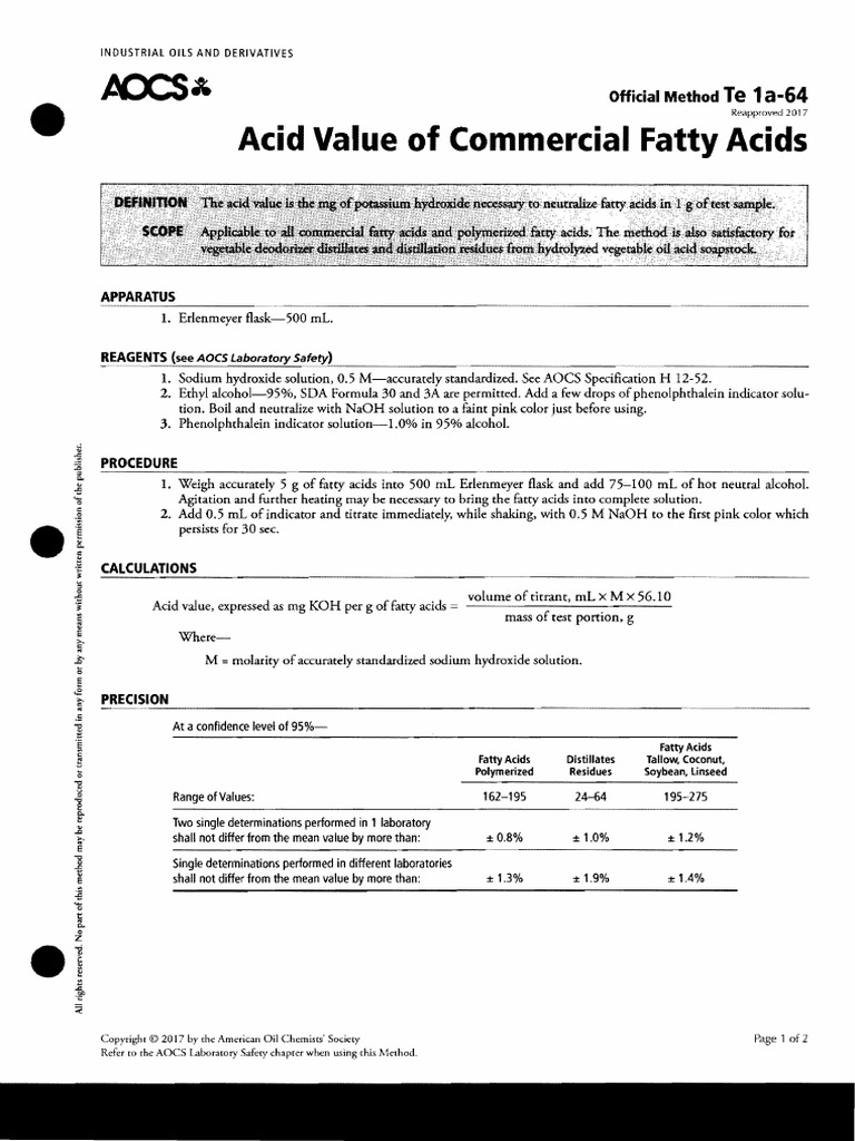 AOCS Te 1a-64 - Acid Value (2017).pdf | Titration | Chemistry