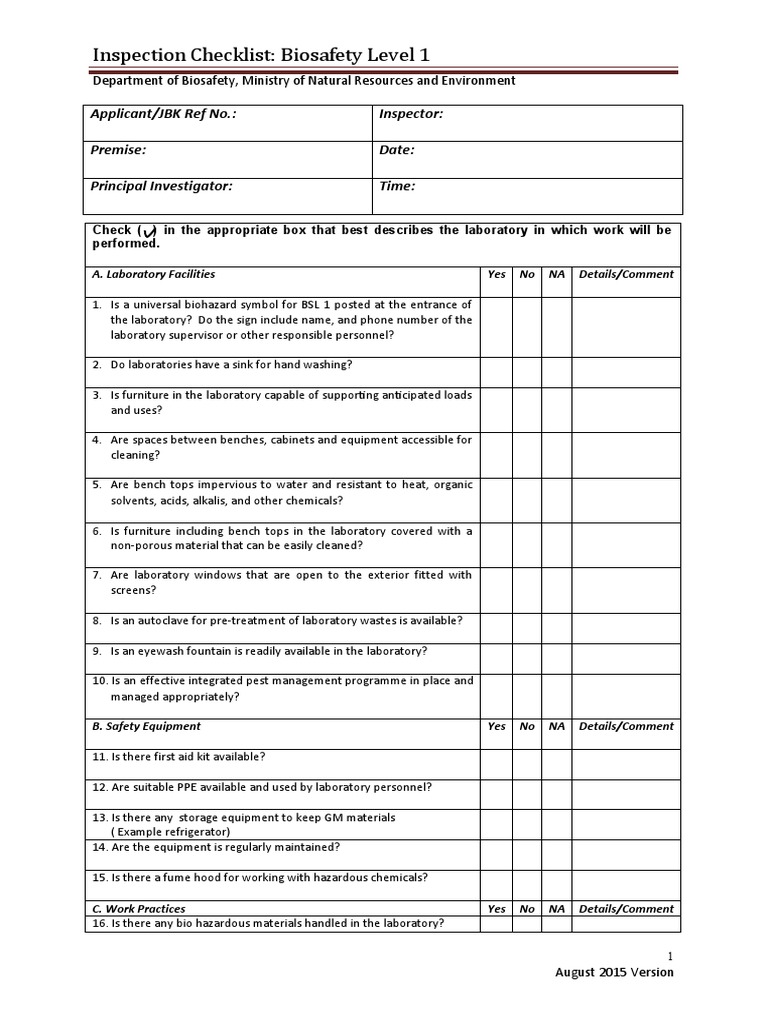 BSL 1 Checklist Laboratory | PDF | Laboratories | Pollution