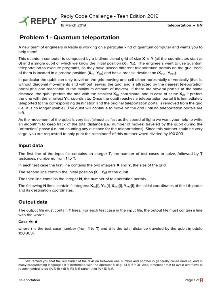 Reply Code Challenge 2019 - Teen Edition - Teleportation | PDF ...