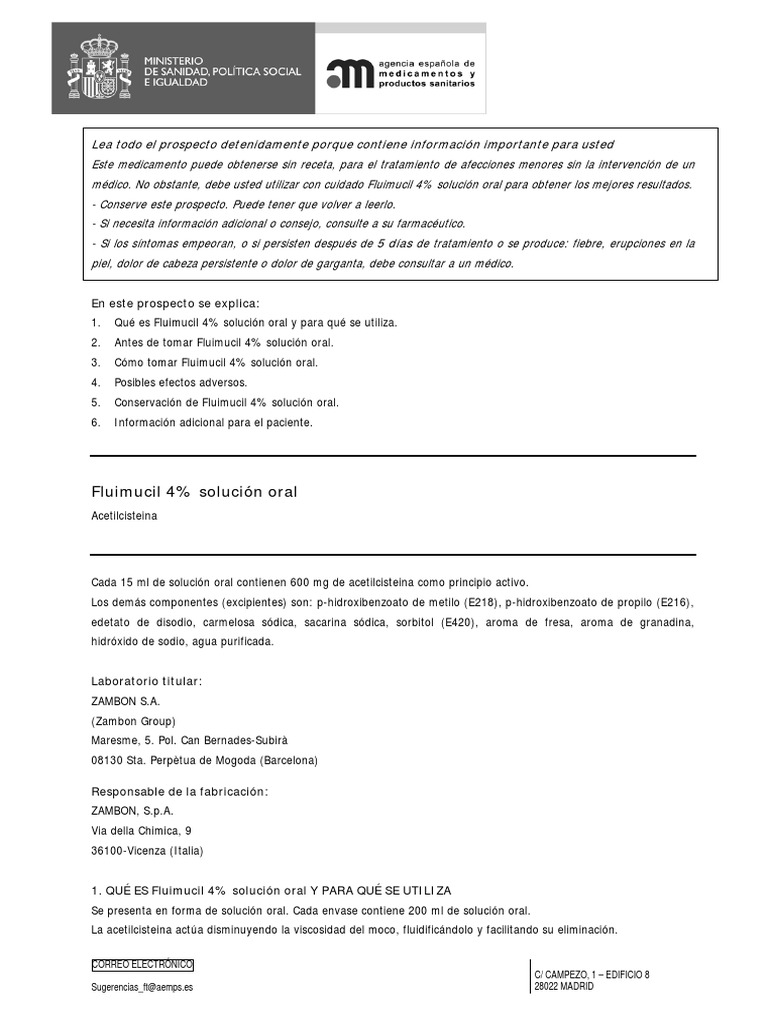 Fluimucil 4% Solución Oral - P - 65345 | PDF | Medicamentos con receta | El embarazo
