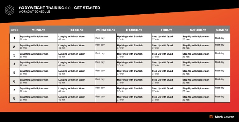 Mark Lauren - Bodyweight 2-0 - Training Schedule | PDF | Sports