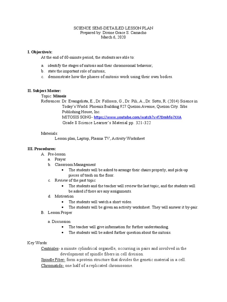 Mitosis Lesson Plan | PDF | Mitosis | Cellular Processes