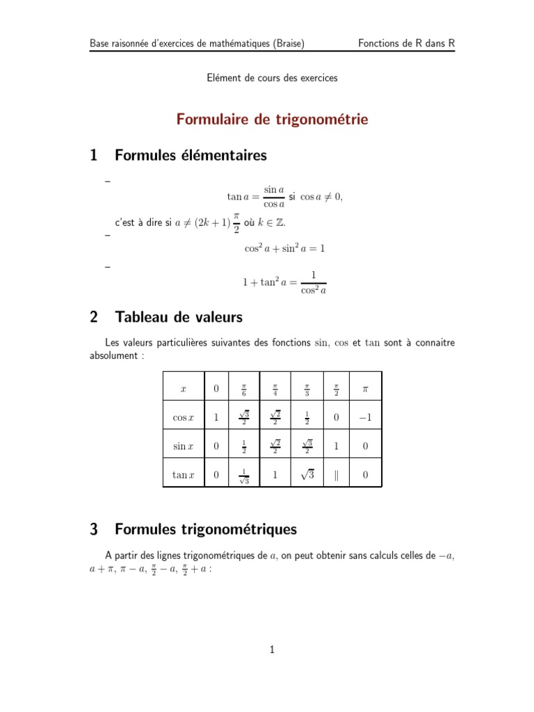 Tableau Trigonométrie PDF | PDF | Géométrie | Enseignement des ...