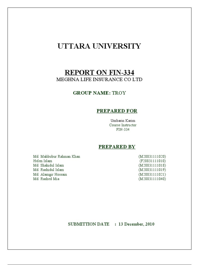 Uttara University: Report On Fin-334 | PDF | Insurance | Financial Risk