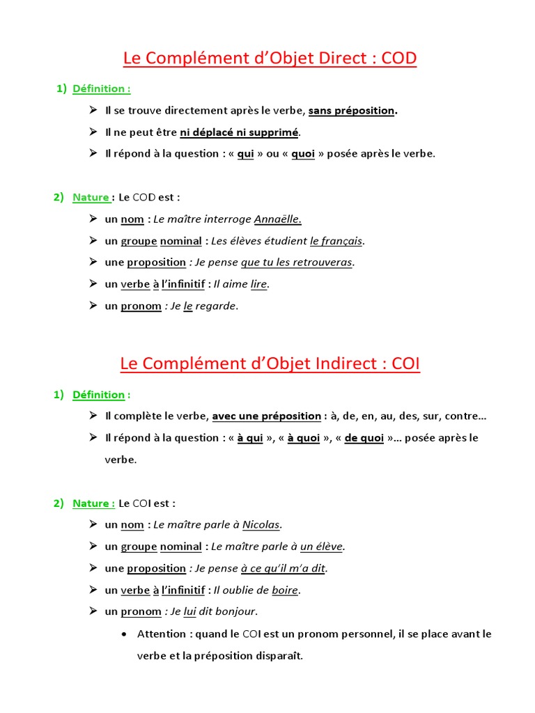 COD et COI : Définitions et Exemples | PDF | Complément d'objet | Clause