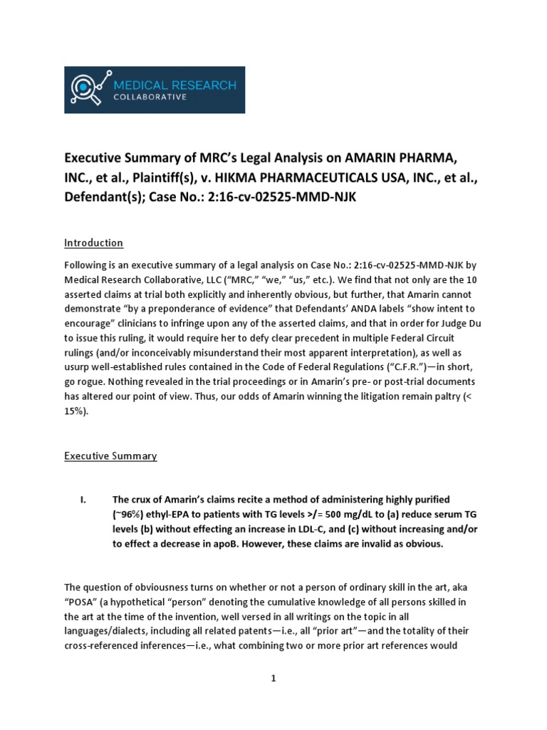Executive Summary of MRC's Analysis On Amarin v. DRL-Hikma | Download ...