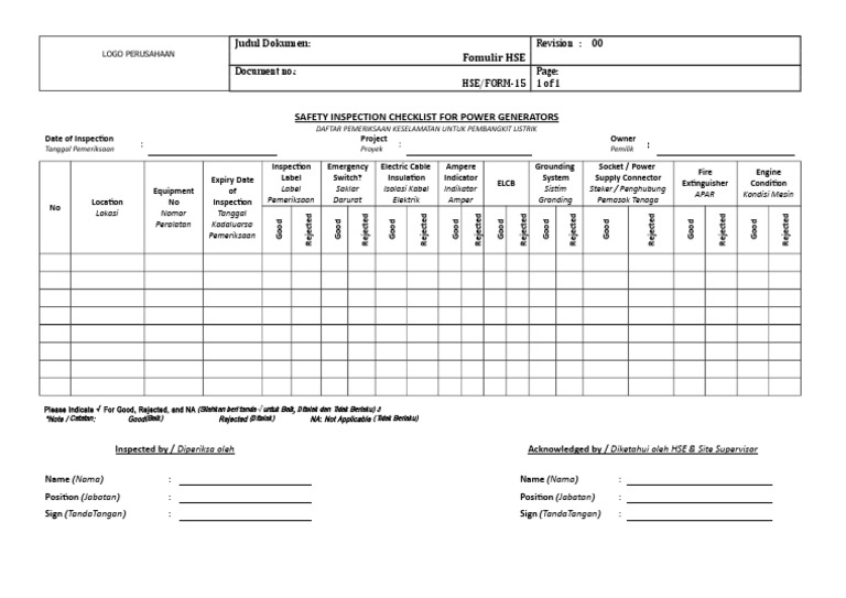 Safety Inspection Checklist for Power Generators | PDF