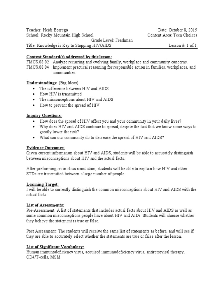 HIV/AIDS Education Lesson Plan | PDF | Hiv/Aids | Management Of Hiv/Aids