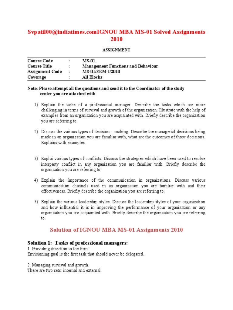 Course Code: MS-01 Course Title: Management Functions and Behaviour Assignment Code: MS-01/SEM-I ...