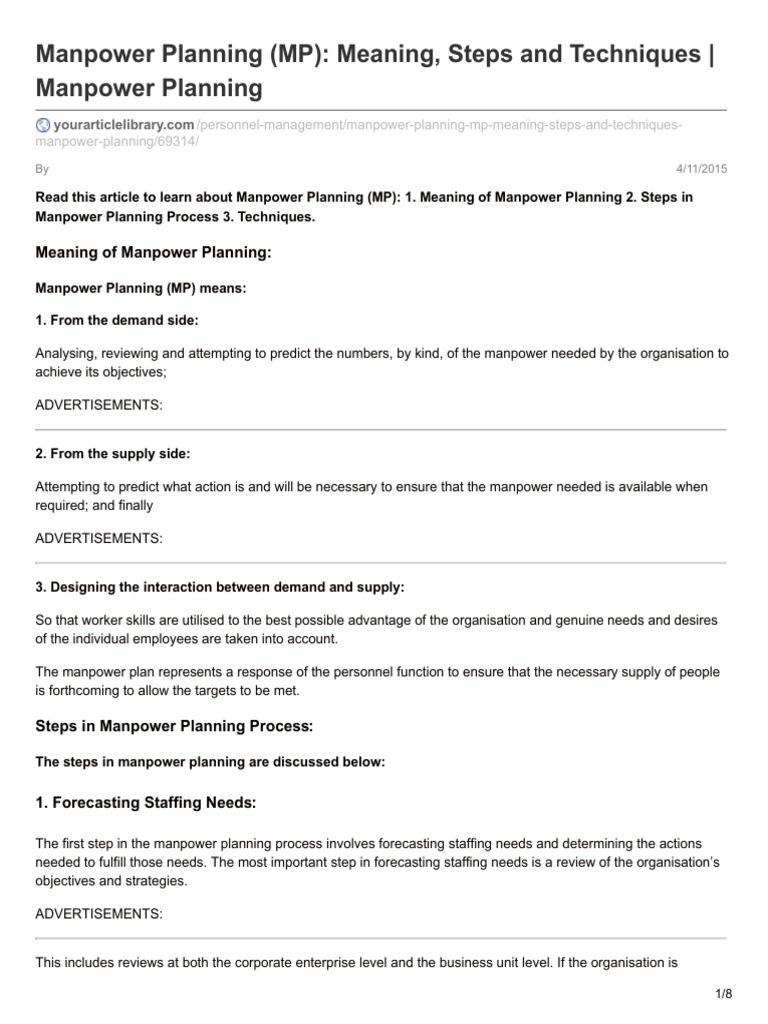 Manpower Planning MP Meaning Steps and Techniques Manpower Planning | PDF