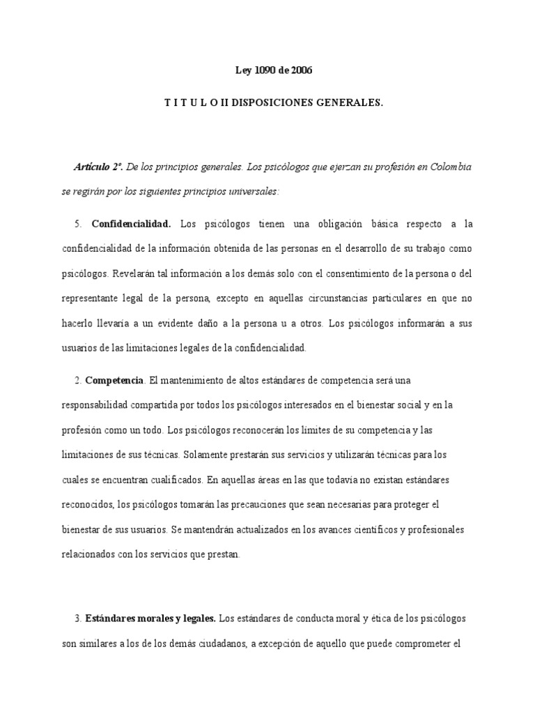 Ley 1090 de 2006 | PDF | Bienestar | Sicología