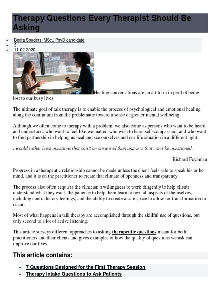 Essential Therapy Questions for Clients | PDF | Family Therapy ...
