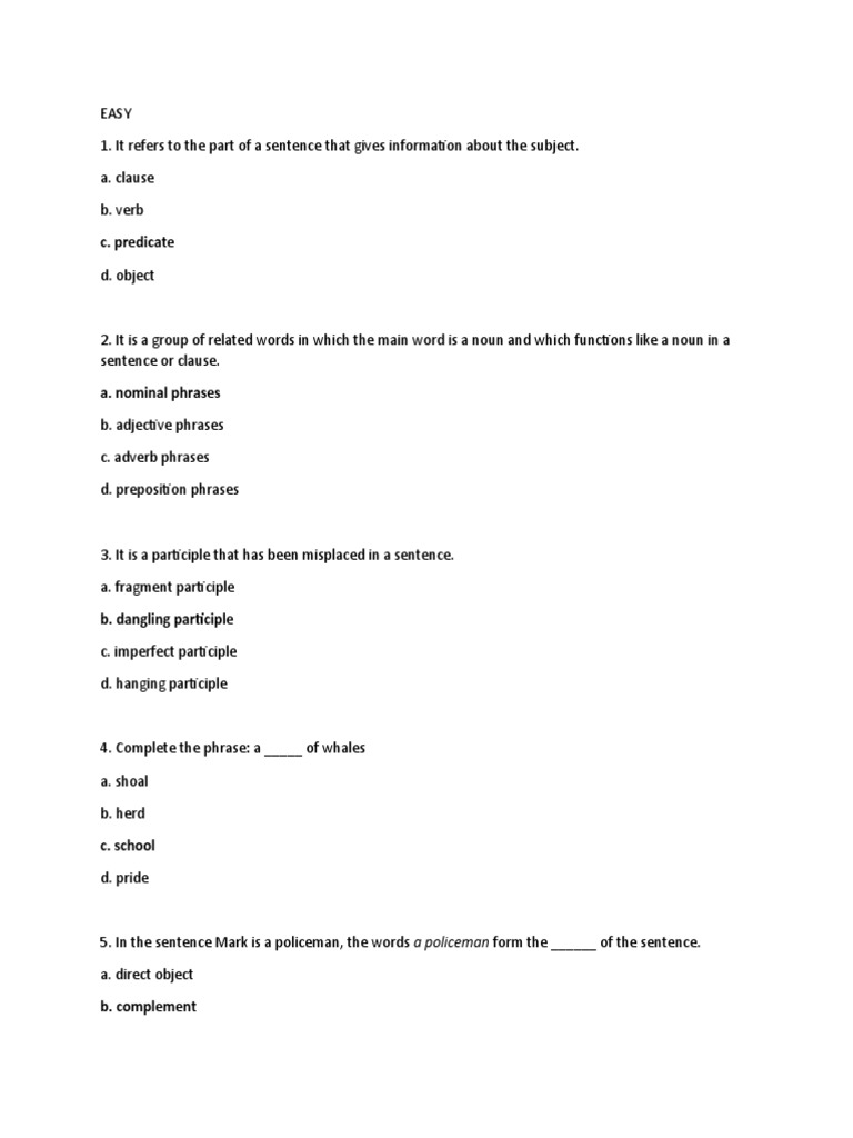English Quiz Bee | Download Free PDF | Sentence (Linguistics ...
