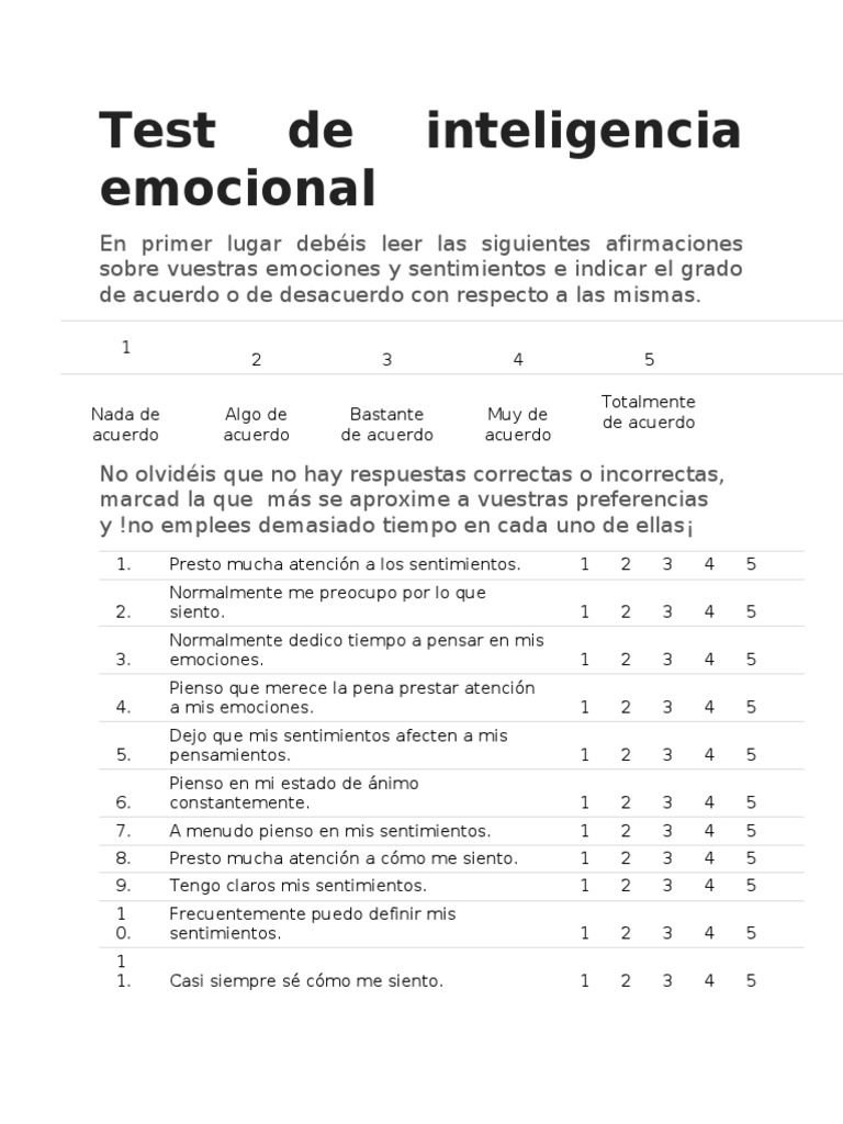 Test Inteligencia Emocional. FORMATO. PARA IMPRESION | PDF | Las ...