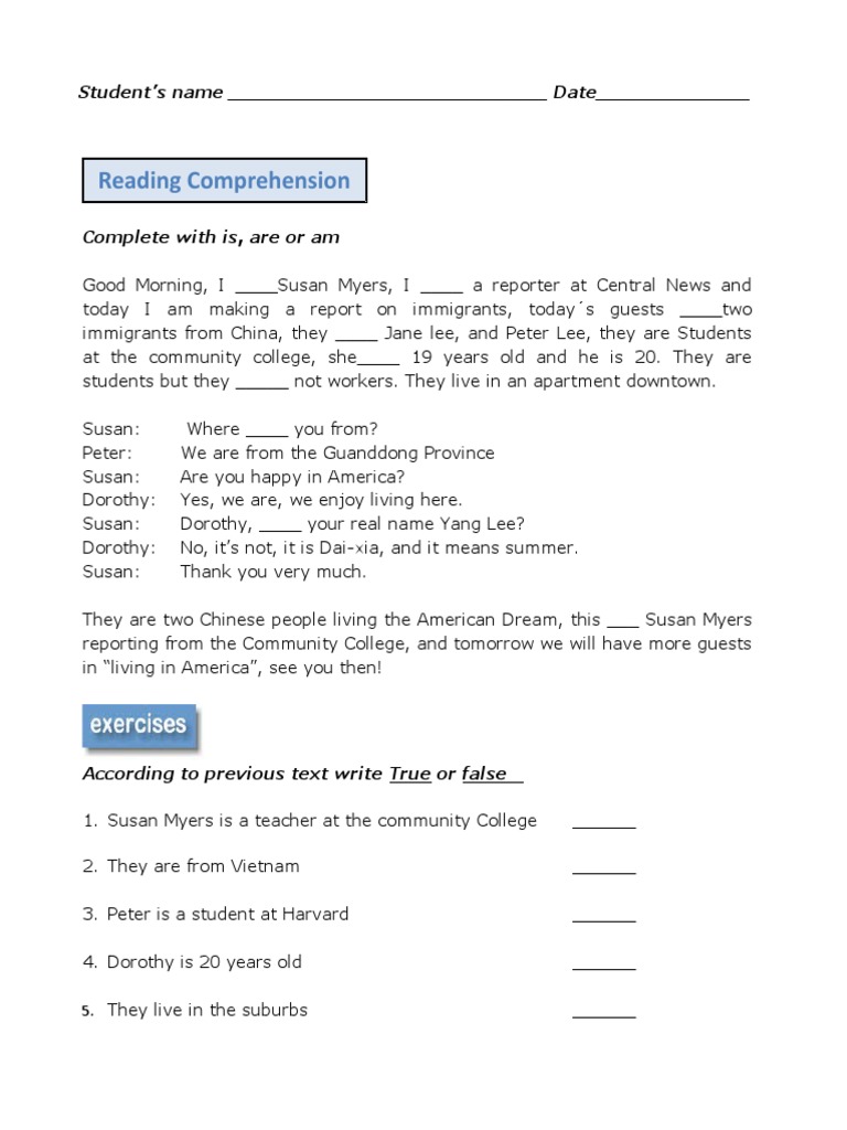 Reading Comprehension Verb To Be.