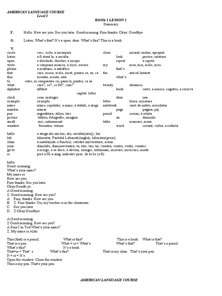 Book 1 Lesson 1: American Language Course Level I | PDF | Classroom | Lunch