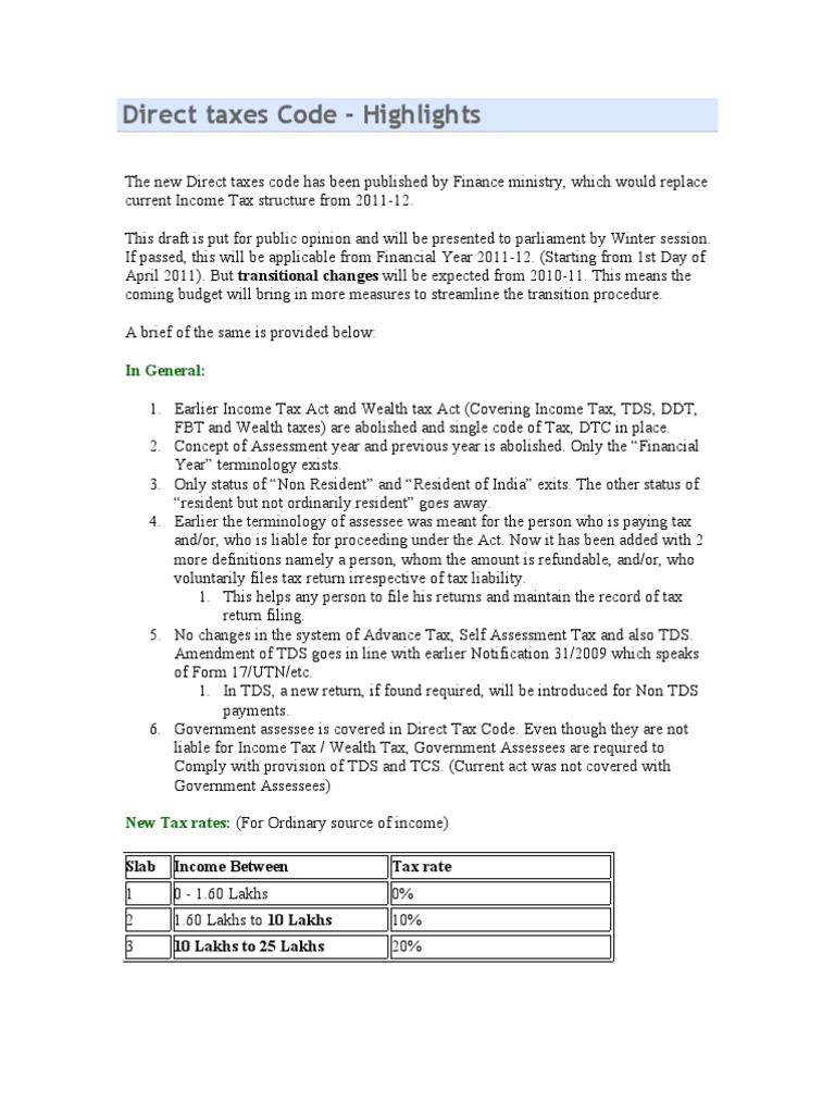 Direct Taxes Code | Download Free PDF | Income Tax In India | Tax Deduction