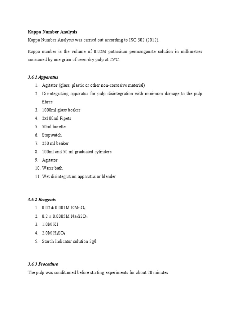 Kappa Number Analysis | Download Free PDF | Titration | Chemistry