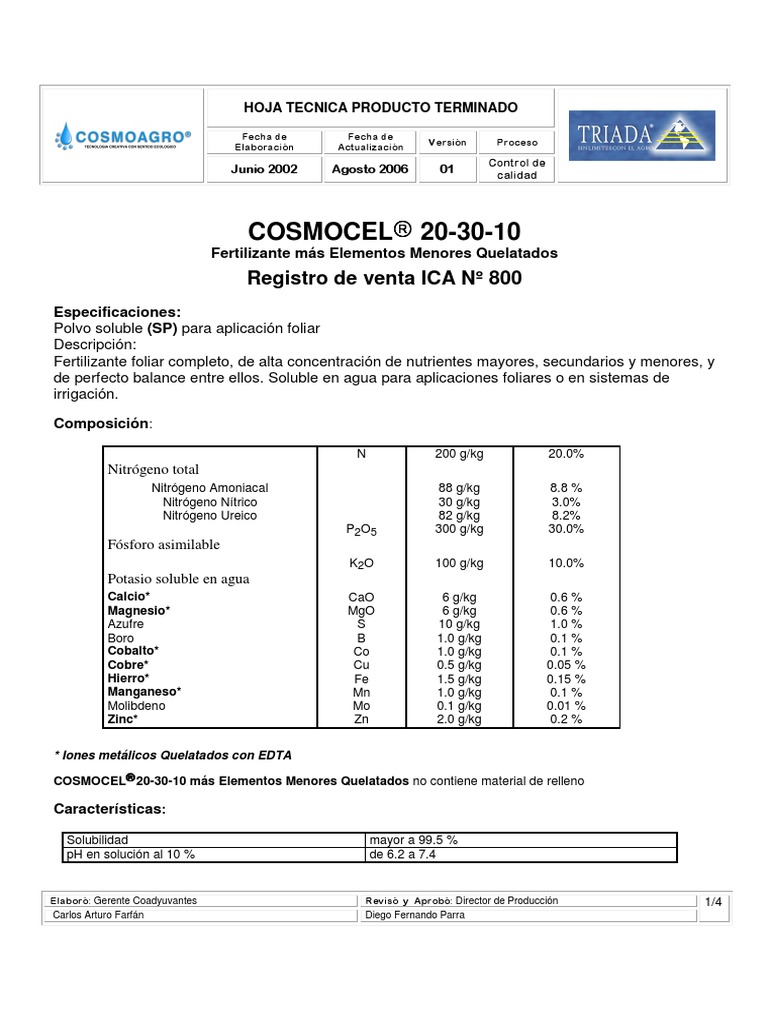 Ficha Tecnica Cosmocel20-30-10 PDF | PDF | Fertilizante | Nutrientes