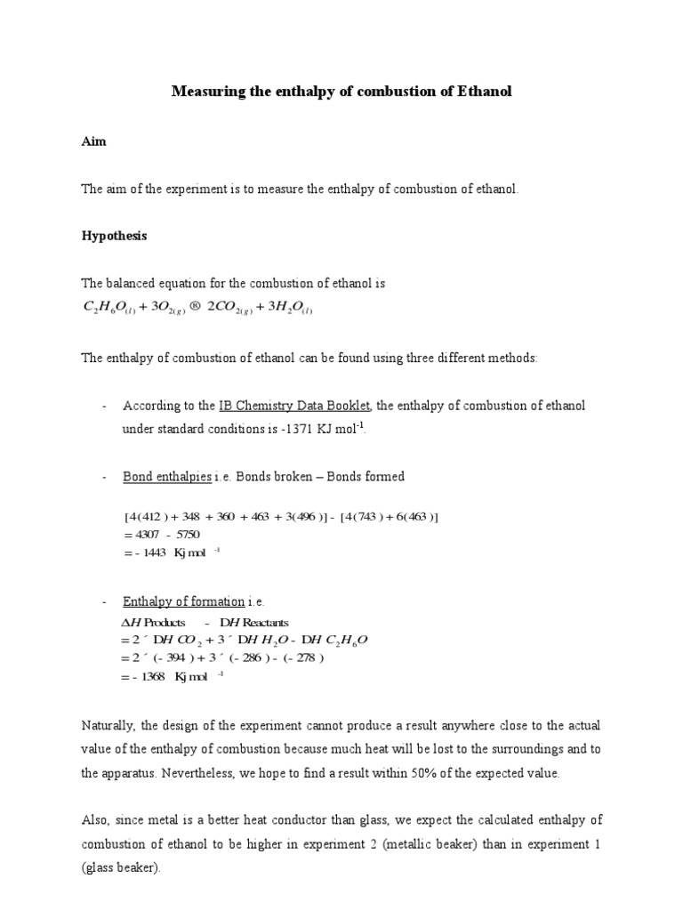 Measuring The Enthalpy of Combustion of Ethanol IB Chemistry SL Lab ...