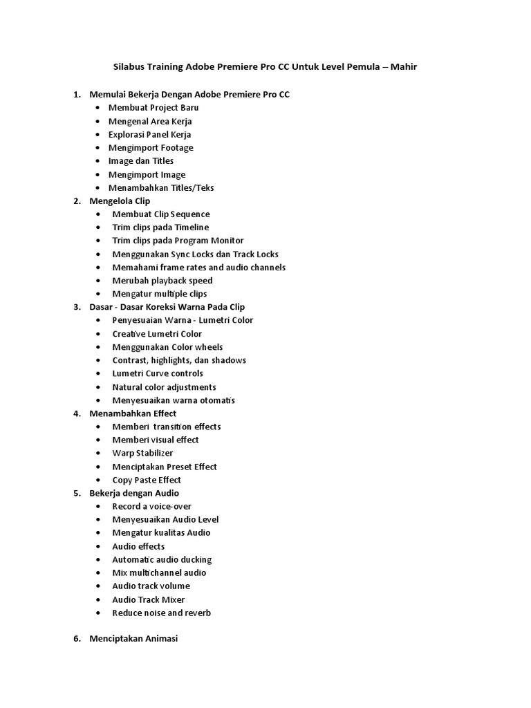 Silabus Adobe Premiere Pro CC Untuk Level Pemula-Mahir | PDF