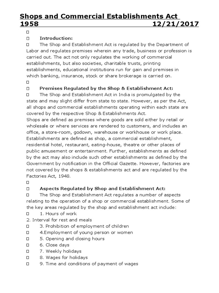 Shops and Commercial Establishments Act 1958 | PDF | Retail | Employment