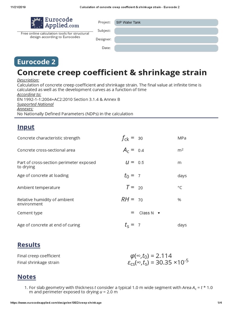 Calculation of Concrete Creep Coefficient & Shrinkage Strain - Eurocode 2 | PDF | Creep ...