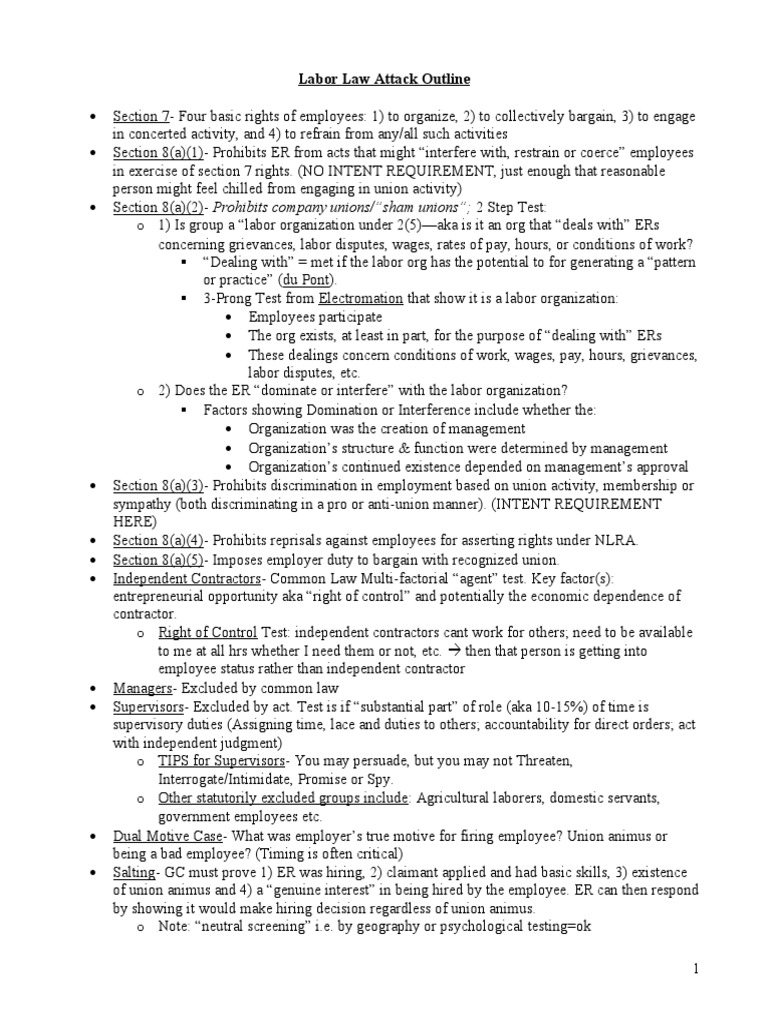 Labor Law Attack Outline | PDF | Strike Action | Employment