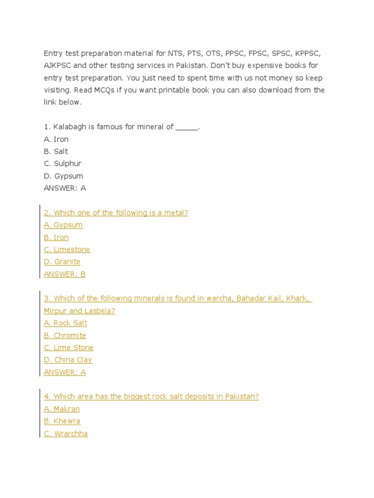 NTS Entry Test Preparation Material | PDF | Minerals | Coal