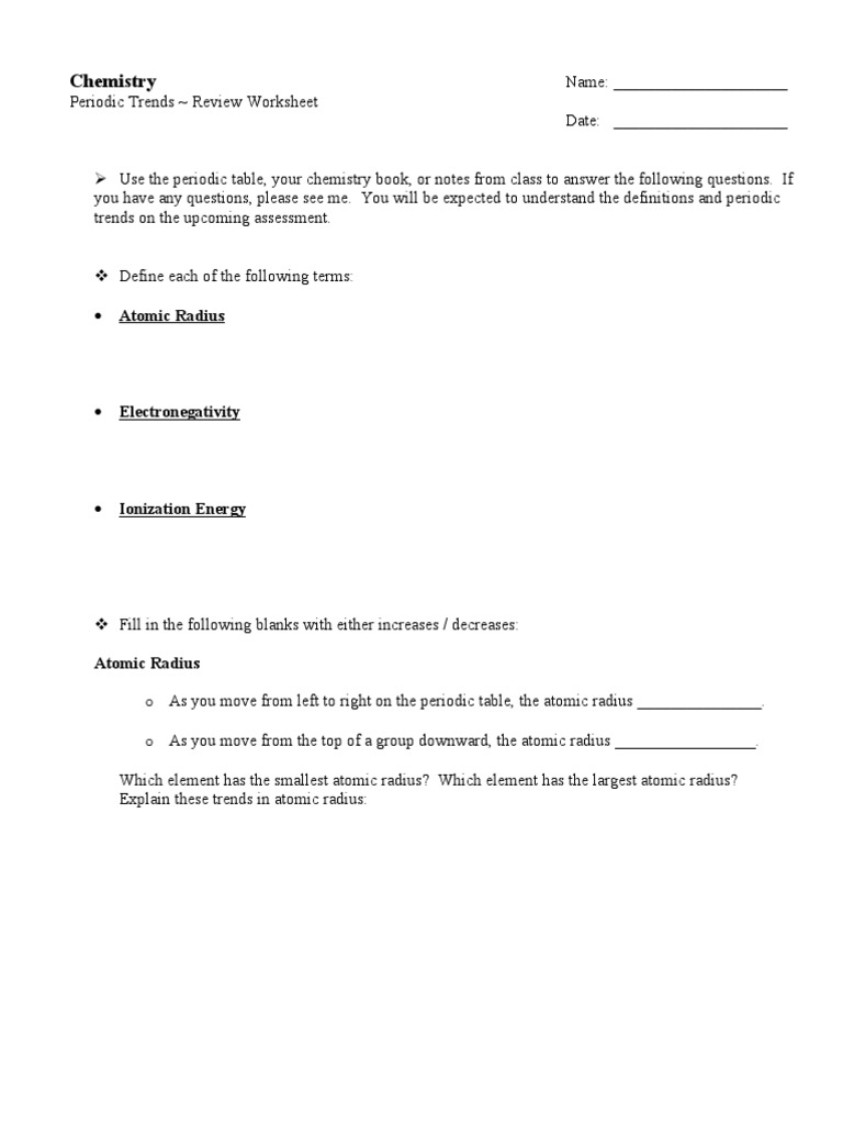 Periodic Trends Review Worksheet | PDF | Science & Mathematics