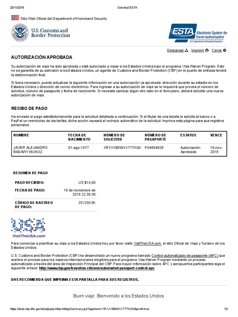 Solicitud ESTA Aprobada PDF | PDF | Aduanas y Protección de Fronteras ...