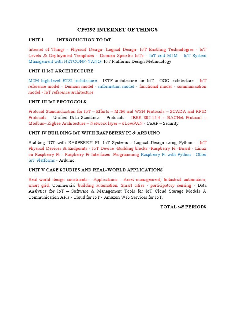 CP5292 INTERNET OF THINGS Syllabus | PDF