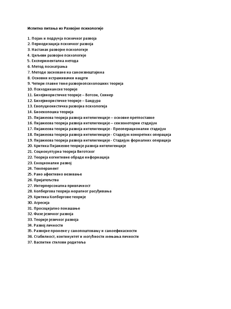 Ispitna Pitanja Iz Razvojne Psihologije PDF | PDF
